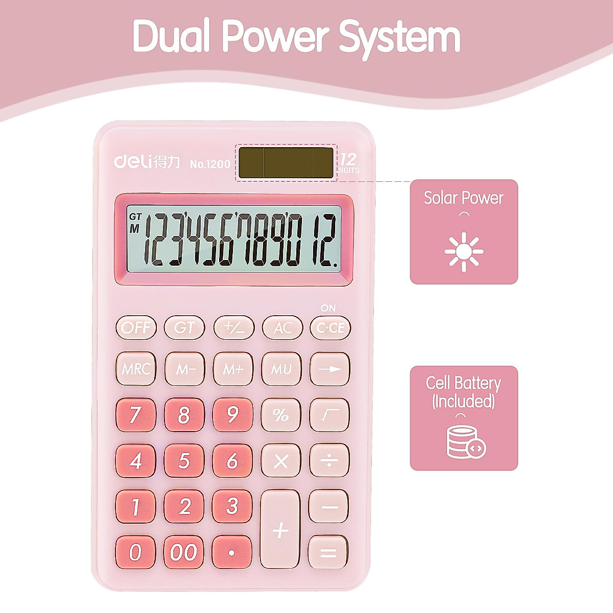 deli Standard Function Basic Calculator, 12 Digit Desktop Calculator with Large LCD Display, Solar Battery Dual Power Office Calculator, Pink
