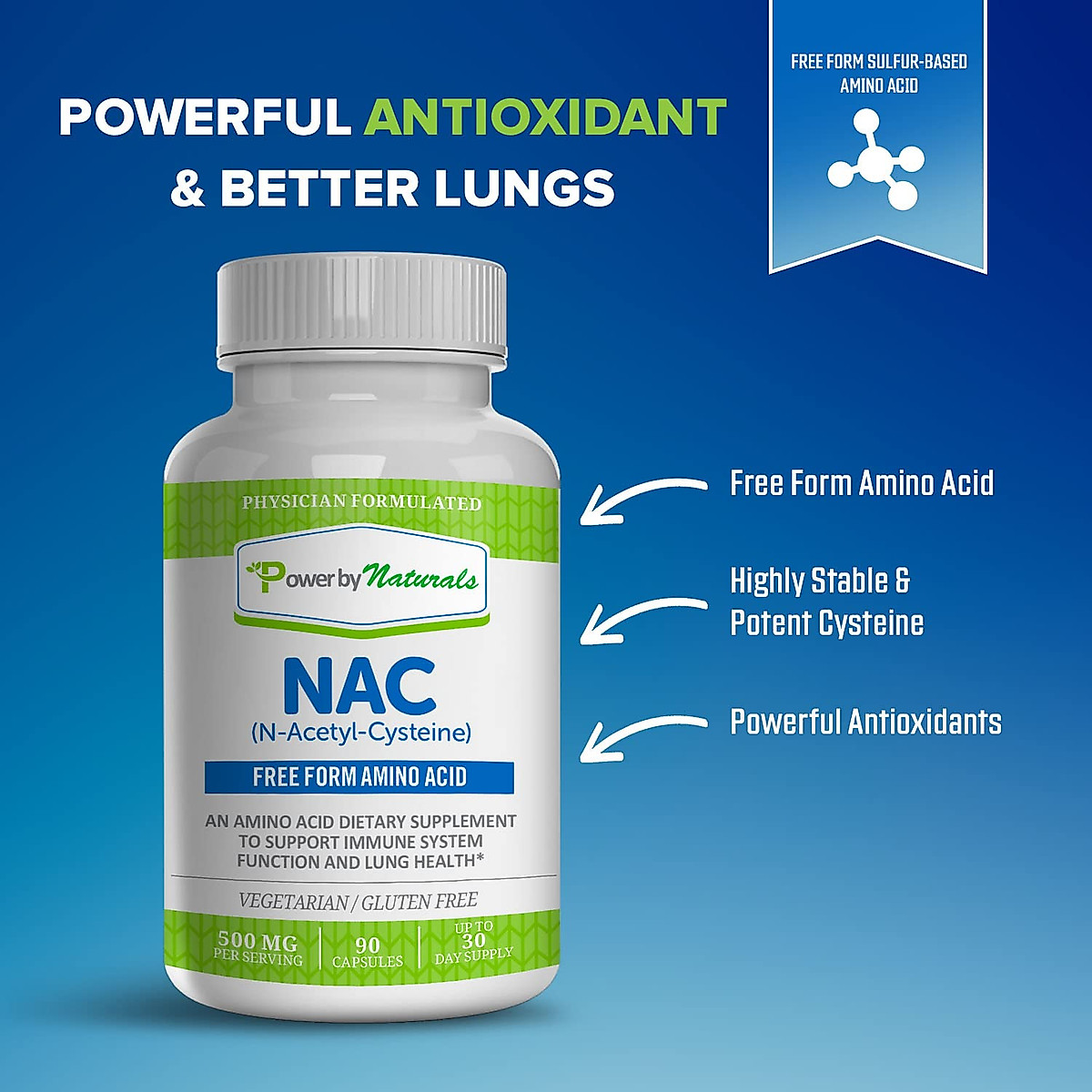Power By Naturals NAC Supplement N-Acetyl Cysteine – NAC 1000mg Serving Per 2 Capsules - Antioxidant Amino Acids Supplement for Liver Lung Support & Glutathione Boost - Pure NAC Supplement, 90Ct.