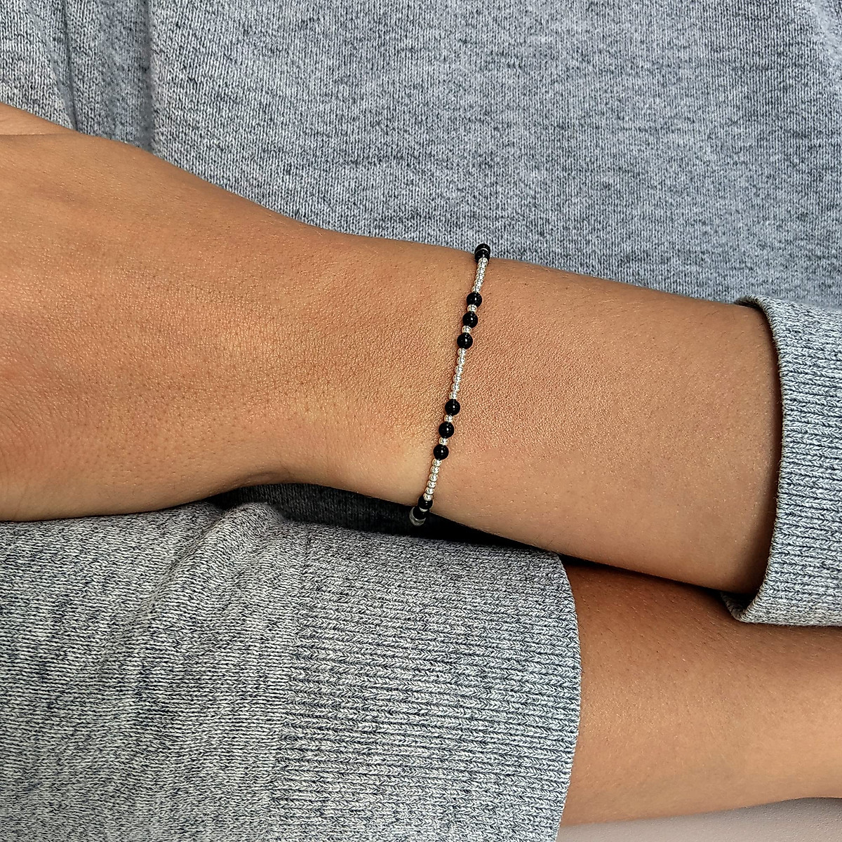 Silverly Women's 925 Sterling Silver 2 mm Small Thin Black Ball Beaded Elastic Stretch Bracelet