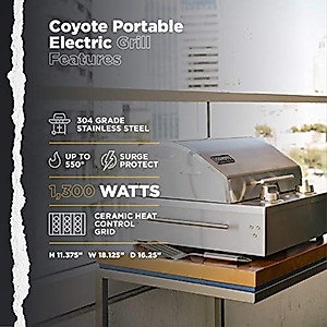Coyote Portable Electric Grill, 18 Inch Built-in Grill with Ceramic Flavorizer - C1EL120SM