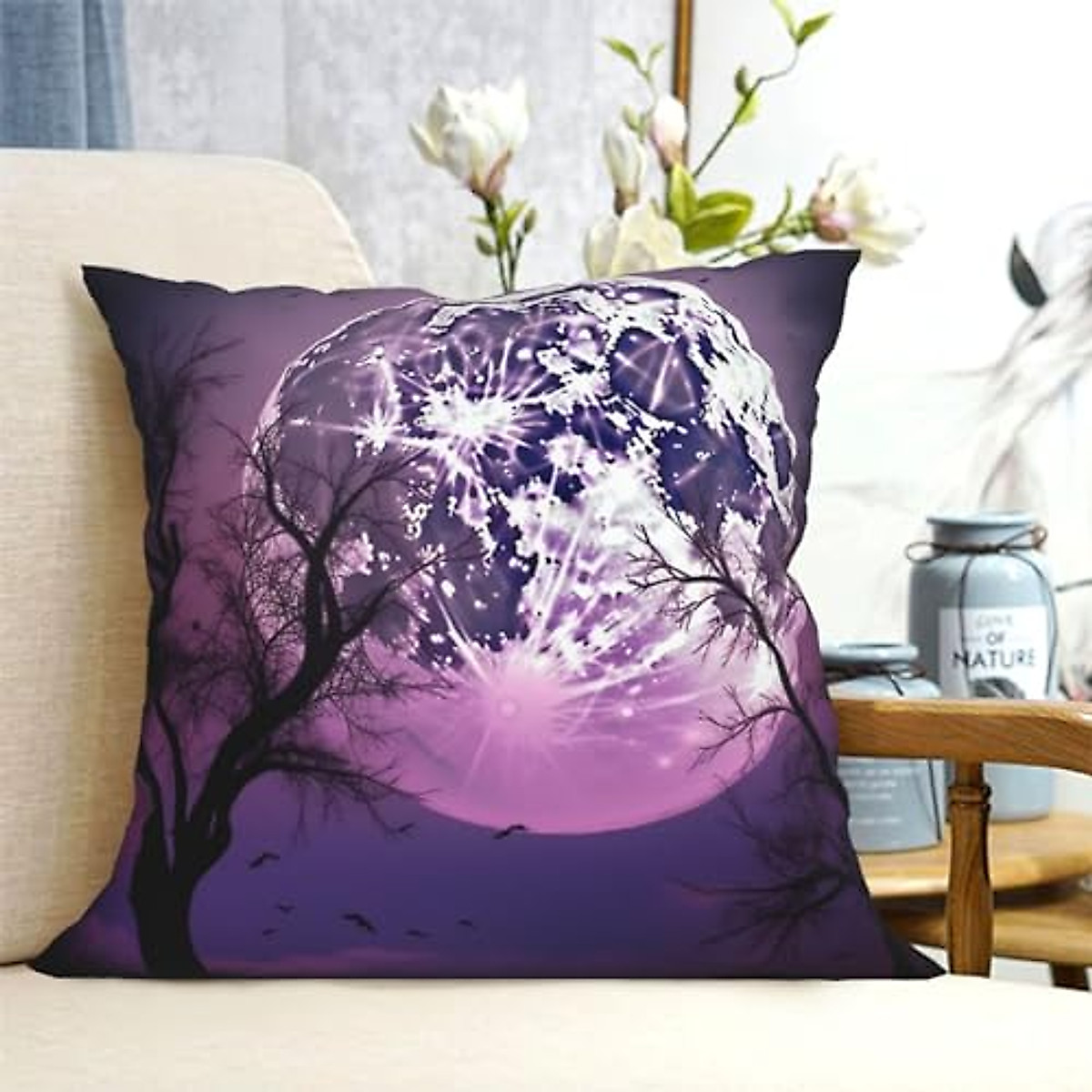 VTCTOASY Purple Moon Night Sky Print Throw Pillow Covers Fashion Throw Pillow Case Soft Couch Pillows Decorative Square Pillow Covers for Sofa Living Room 16"x16"