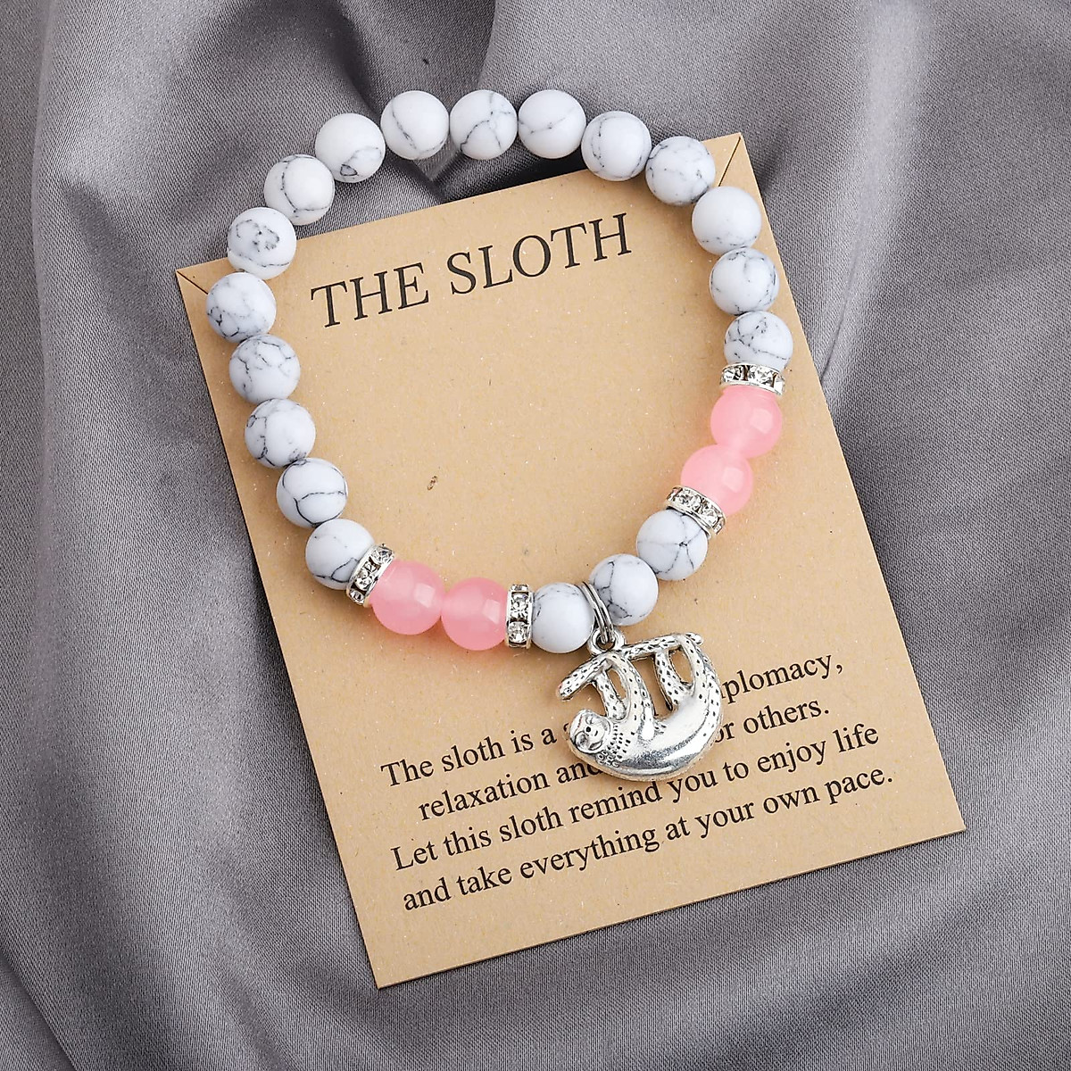 MAOFAED Sloth Gift Sloth Charm Gemstone Beaded Healing Bracelet Sloth Lover Gift Animal Lover Gift (sloth card bead)