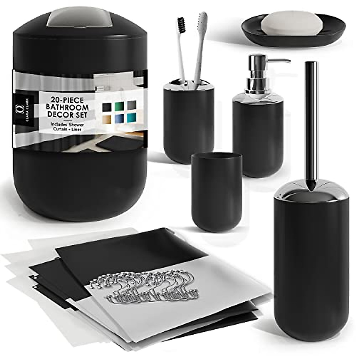 Clara Clark Bathroom Set – Bathroom Shower Curtain Sets with Liner, 20PC Bathroom Accessory Set, Bathroom Sets, Black Bathroom Accessories Set Complete with Shower Curtain Set with Liner and Hooks