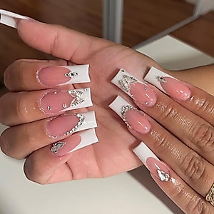 French Tip Press on Nails Long Square Fake Nails 3D Butterfly False Nails White French Tips Square Acrylic Nails Glossy Pink Artificial Nails Full Cover Long Stick on Nails for Women and Girls, 24Pcs