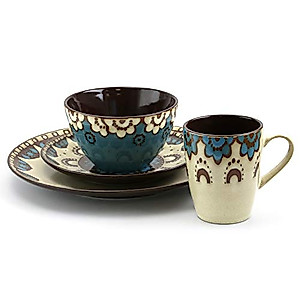 Elama CLAYHEART16 Clay Heart 16 Piece Luxurious Stoneware Dinnerware with Complete Setting for 4, 16pc, pc, Tan, Blue, Brown