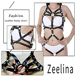 Zeelina Punk Leather Body Chain Black Harness Waist Belt Adjustable Hollow Cage Rave Nightclub Party Body Accessories for Women