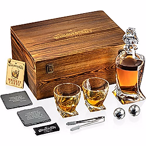Mixology Glass & Whiskey Stones Set – two 10oz Glasses w/ 2 Stainless Steel Balls, Decanter & Wooden Box