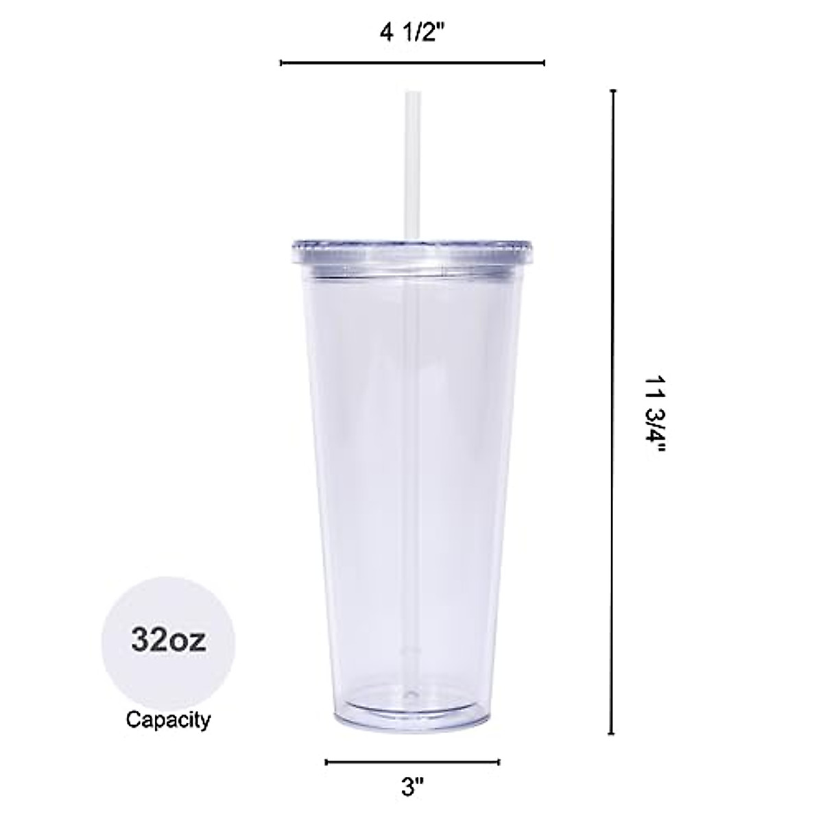 Zephyr Canyon 32oz Clear Tumblers with Lids and Straws - Clear Double Wall Tumbler - BPA Free - Insulated Acrylic Cups for Hot & Cold Drinks - Spill-Proof Reusable Iced Coffee Cup (4 Pack)