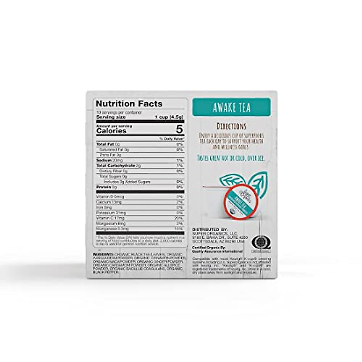 Super Organics Awake Black Tea Pods With Superfoods & Probiotics Keurig K-Cup Compatible Energy, Revitalizing, Refreshing Tea USDA Certified Organic, Vegan, Non-GMO, Natural & Delicious, 10ct