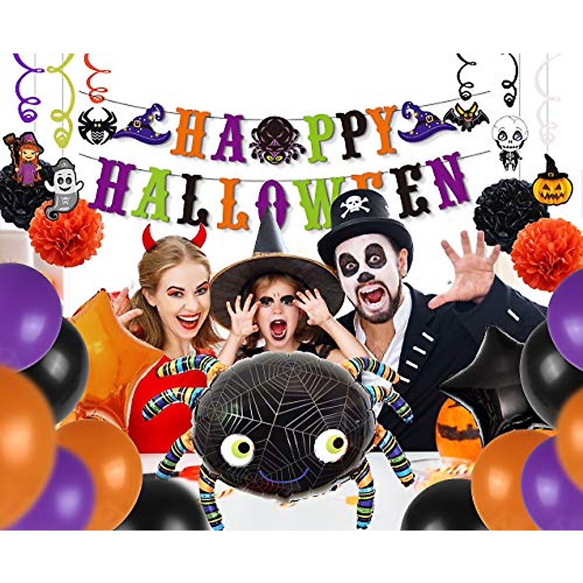 Halloween Party Decorations Kit, Happy Banner, Latex Balloons are Printed with Patterns, Hanging Swirls, Paper Garlands Home Party Halloween Decoration Supplies（48 Pack ）