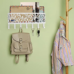 WYTAOHZL Key Holder for Wall Mail and Key Holder for Wall with 7 Key Hooks 11X4.6X2Inches Eucalyptus Design Mail Organizer Wall Mount Key Holder White Metal Key Hooks Key Hangers for Home Decorative