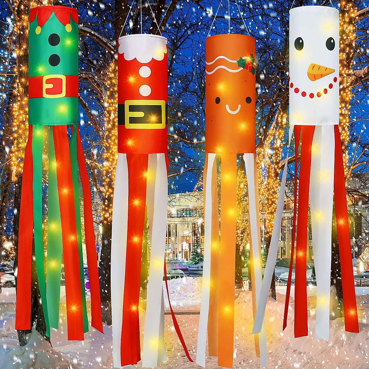 VitalCozy 4 Pcs Christmas Windsock Flags with LED Light Christmas Tree Hanging Decorations Santa Claus Gingerbread Man Elf Snowman Christmas Decorations for Lawn Yard Patio Garden Winter Party Decor