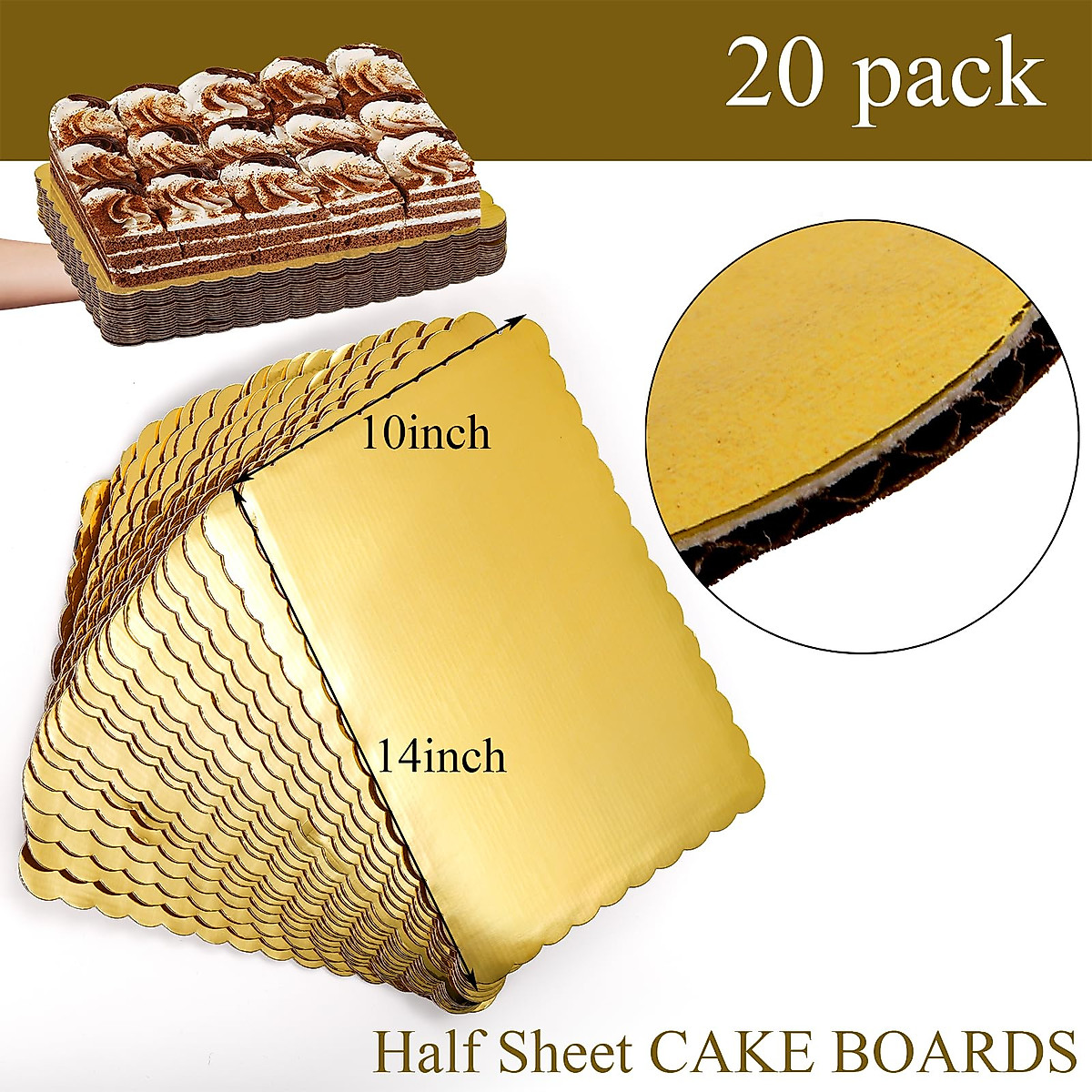 Tebery 20 Pack Rectangle Cake Board Disposable Cardboard Cake Bases, 14x10 Inch Gold Foil Quarter Cake Sheet for Baking Cake Pizza Pastry Party Decorate, Grease Proof and Moisture Resistant