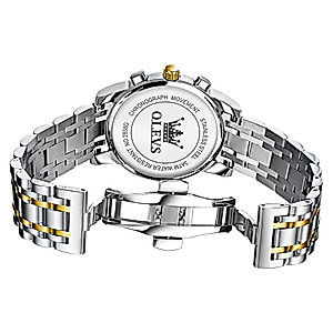 OLEVS Watch Men Chronograph Blue Face Stainless Steel Watch for Men Two Tone Date Quartz Analog Men Watch Big Wrist Luxury Diamond Waterproof Men's Watch Luminous Fashion Easy Read