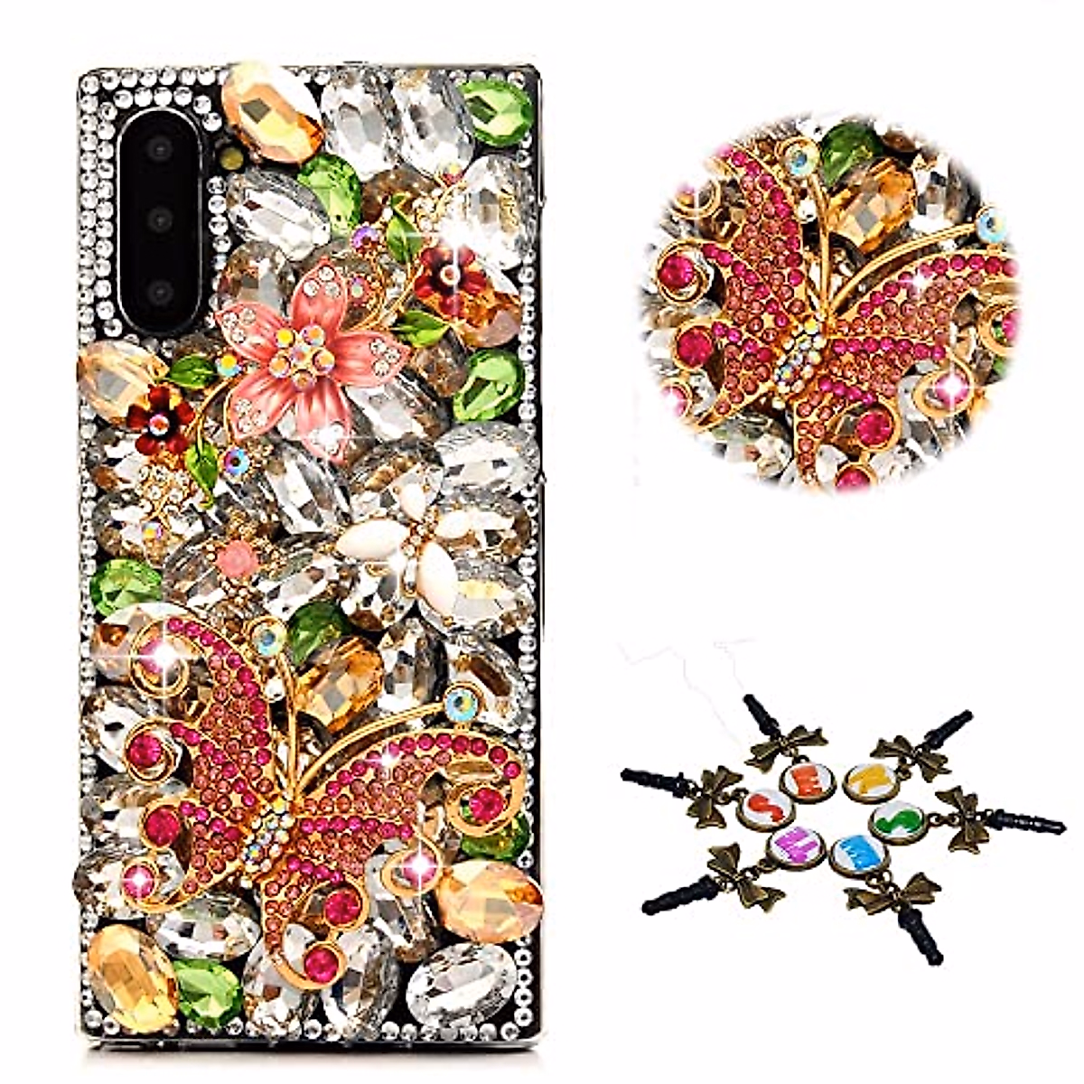 STENES Sparkle Case Compatible with Samsung Galaxy Note 10 Plus - Stylish - 3D Handmade Bling Flowers Butterfly Rhinestone Crystal Diamond Design Cover Case - Green