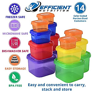 Portion Control Containers DELUXE Kit (14-Piece) with COMPLETE GUIDE + 21 DAY PLANNER + RECIPE eBOOK by Efficient Nutrition - BPA FREE Color Coded Meal Prep System for Diet and Weight Loss