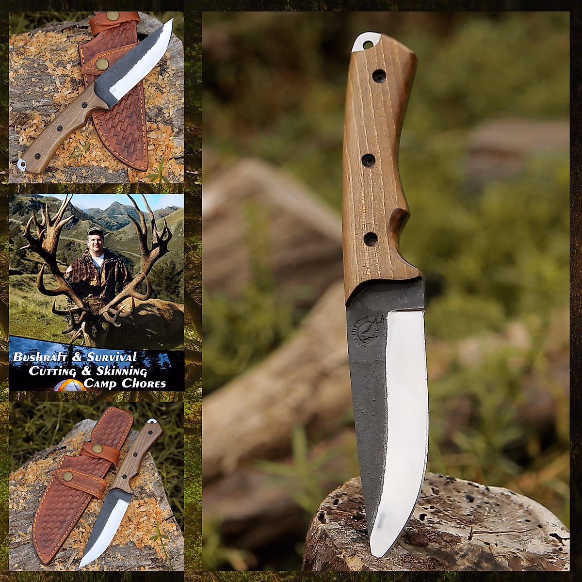 D2 Steel Hunting Knife Fixed blade knife Skinner Knife Walnut Wood handle, Black Edge,Bush craft, Camping, with Cowhide Leather Sheath – BW-4146