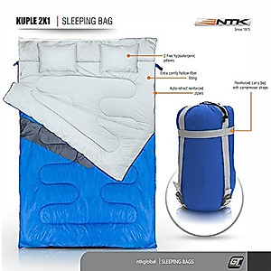 NTK KUPLE Double 2 in 1 Sleeping Bag with 2 Pillows and a Carrying Bag with Compressor Straps for Camping, Backpacking, Hiking. (Blue)