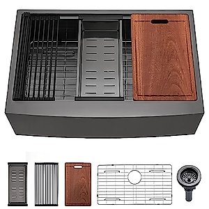 33 Black Undermount Workstation Kitchen Farmhouse Sink-Swifthorse 33x22 Gunmetal Black Stainless Steel Kitchen Sink, 16-Gauge Undermount Deep Single Bowl Kitchen Sink With Apron Front