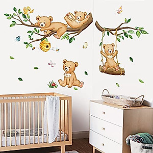 decalmile Woodland Bear Wall Decals Animal Tree Branch Wall Stickers Baby Nursery Kids Bedroom Living Room Wall Decor