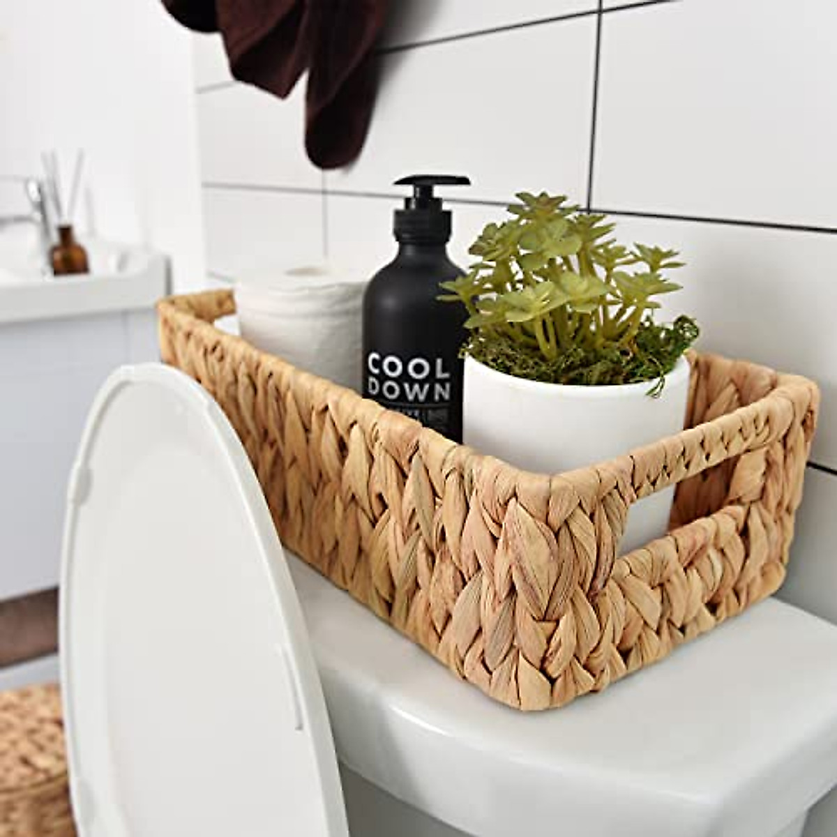 StorageWorks Water Hyacinth Basket for Toilet Paper, Wicker Baskets for Storage with Built-in Handles, 14 ¼"L x 6 ½"W x 3 ¾"H