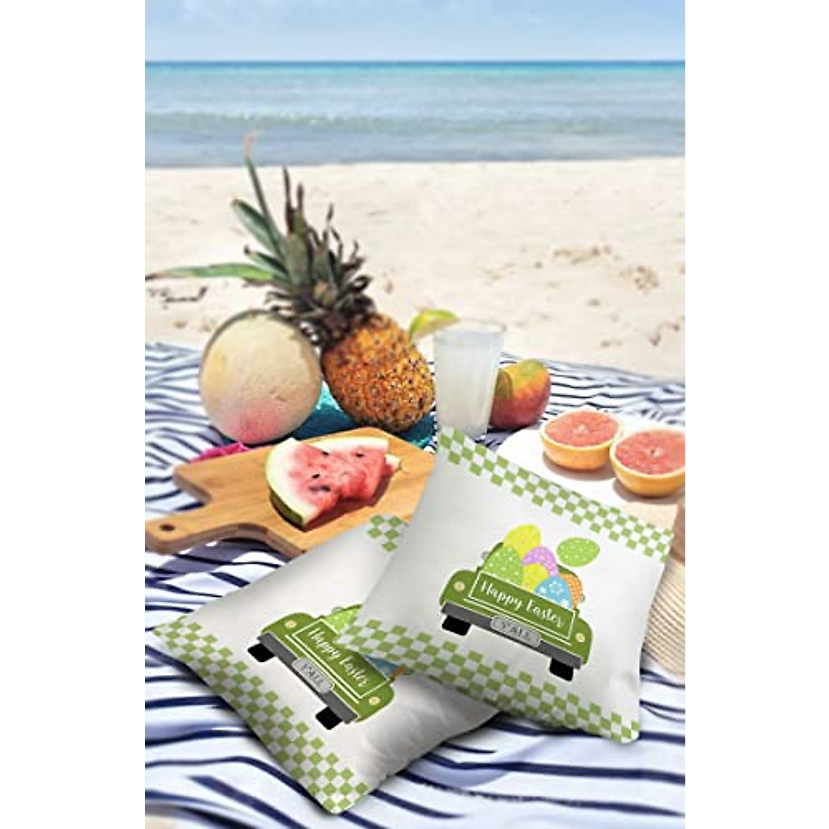 Pack of 2 Outdoor Pillow Covers Happy Easter Colorful Floral Texture Truck Waterproof Decorative Patio Cushion Cover Green Check Outdoor Throw Pillows for Patio Furniture Garden Sofa 18x18 Inch