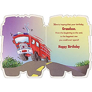 Designer Greetings Red Fire Engine with Purple Lights Die Cut Juvenile Birthday Card for Grandson
