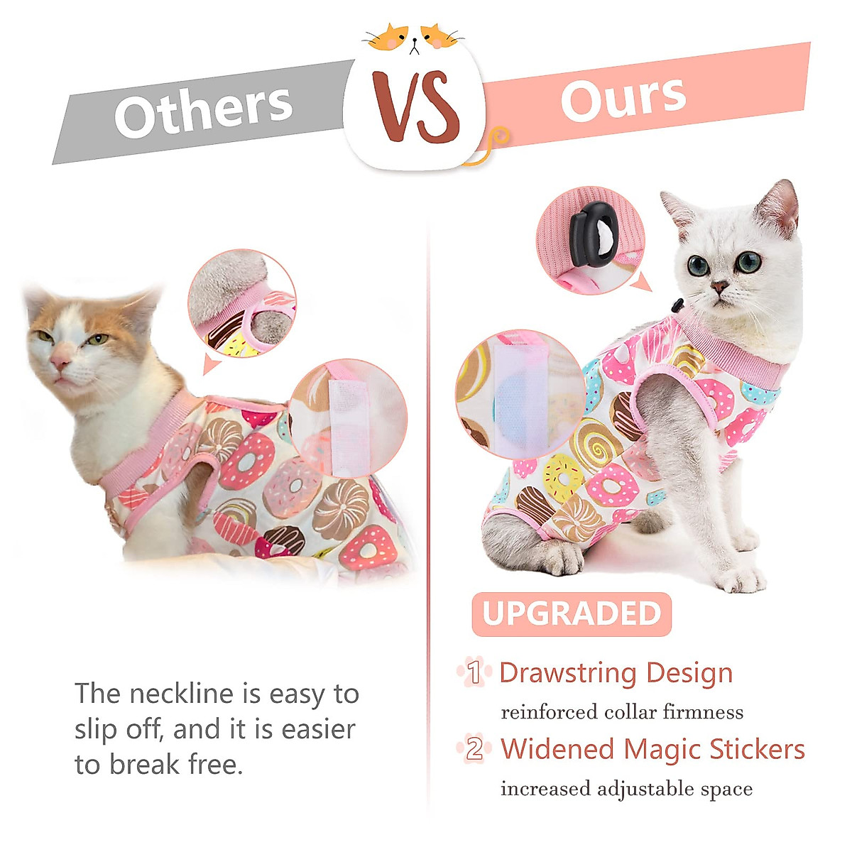 HACRAHO Cat Recovery Suit, 1 Pack Donut Pattern Cotton Cat Wound Surgery Recovery Suit Soft After Recovery Surgery for Small Cats and Dogs, M