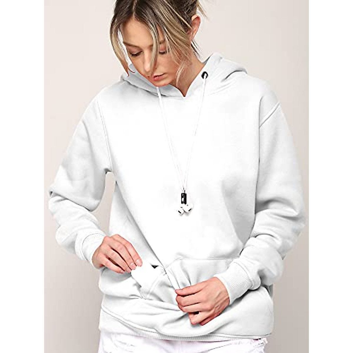 Made By Johnny WSK2375 Hoodie Hoody with Airpods Strap Anti-Lost Leash String - Compatible with Airpods Pro/2/1 M White