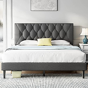 Molblly Queen Size Platform Bed Frame with Adjustable Headboard, Linen Fabric Wrap, Strong Frame and Wooden Slats Support, No Box Spring Needed, Non-Slip and Noise-Free, Easy Assembly, Dark Grey