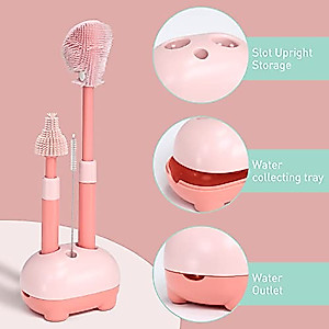 Baby Bottle Brush, VOOWO Telescopic Silicone Bottle Brush for Cleaning with Long Handle, Water Bottle Cleaner Brush with Nipple & Straw Cleaner, Included Towel (Pink Telescopic Brush & Stand)