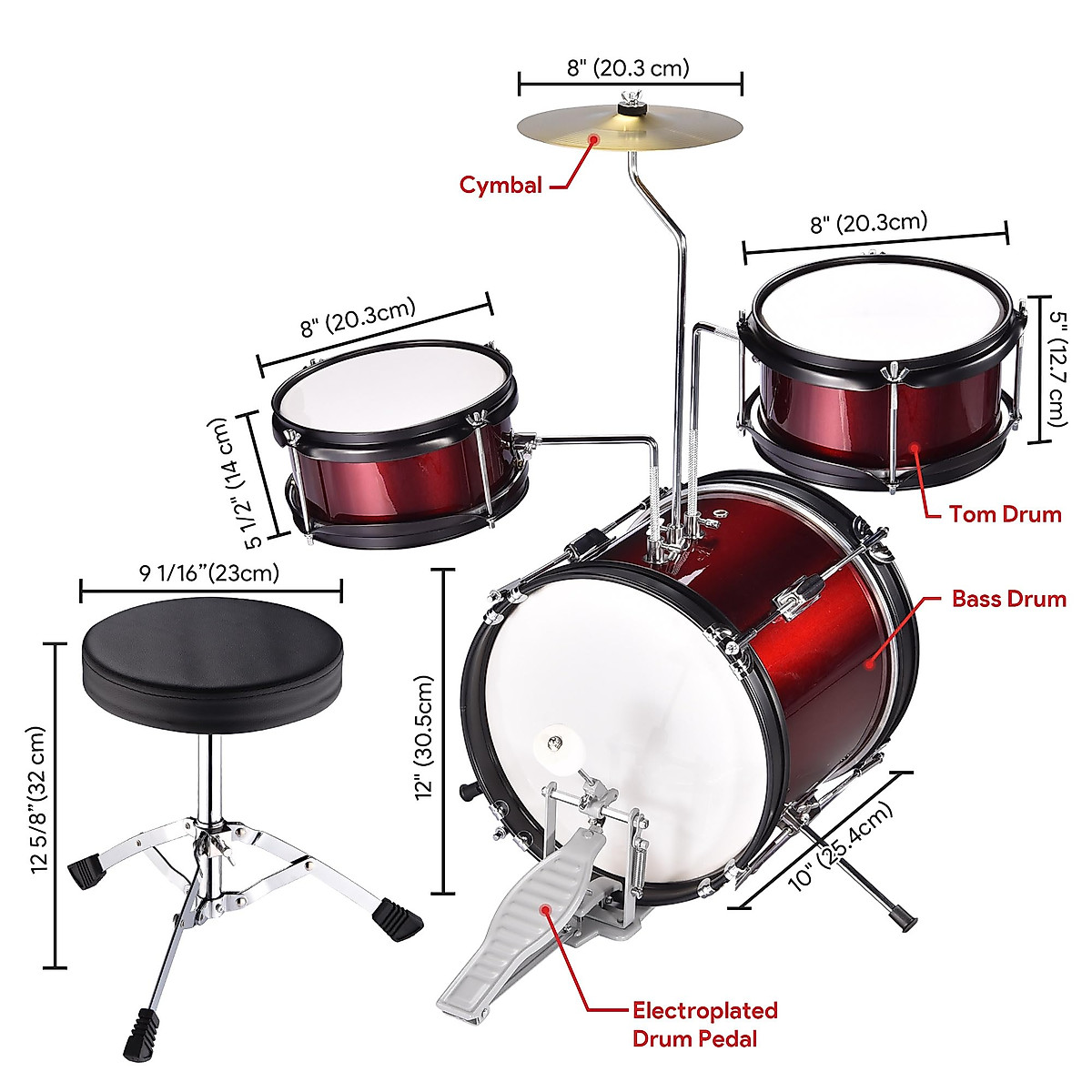 AW Drum Set with 3 Piece Drums Bass Tom Hi-Hat 4pcs Drumsticks Seat Cymbal Throne Stool Kids Musical Instruments Kit Red