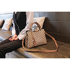 Eightown Beige Tote Bag for Women - Designer Top Handle Bag with Flowers Printing - High-capacity Shoulder Purse with Tassel Pendant(Beige strap)