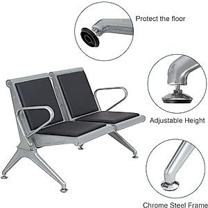 JSUN7 4-Seat Office Waiting Room Chairs - PU Leather Reception Bench, Guest Chairs Airport Seating with Armrests for Hospital Bank Salon Barber Hall Room Conference, Set of 2, Black