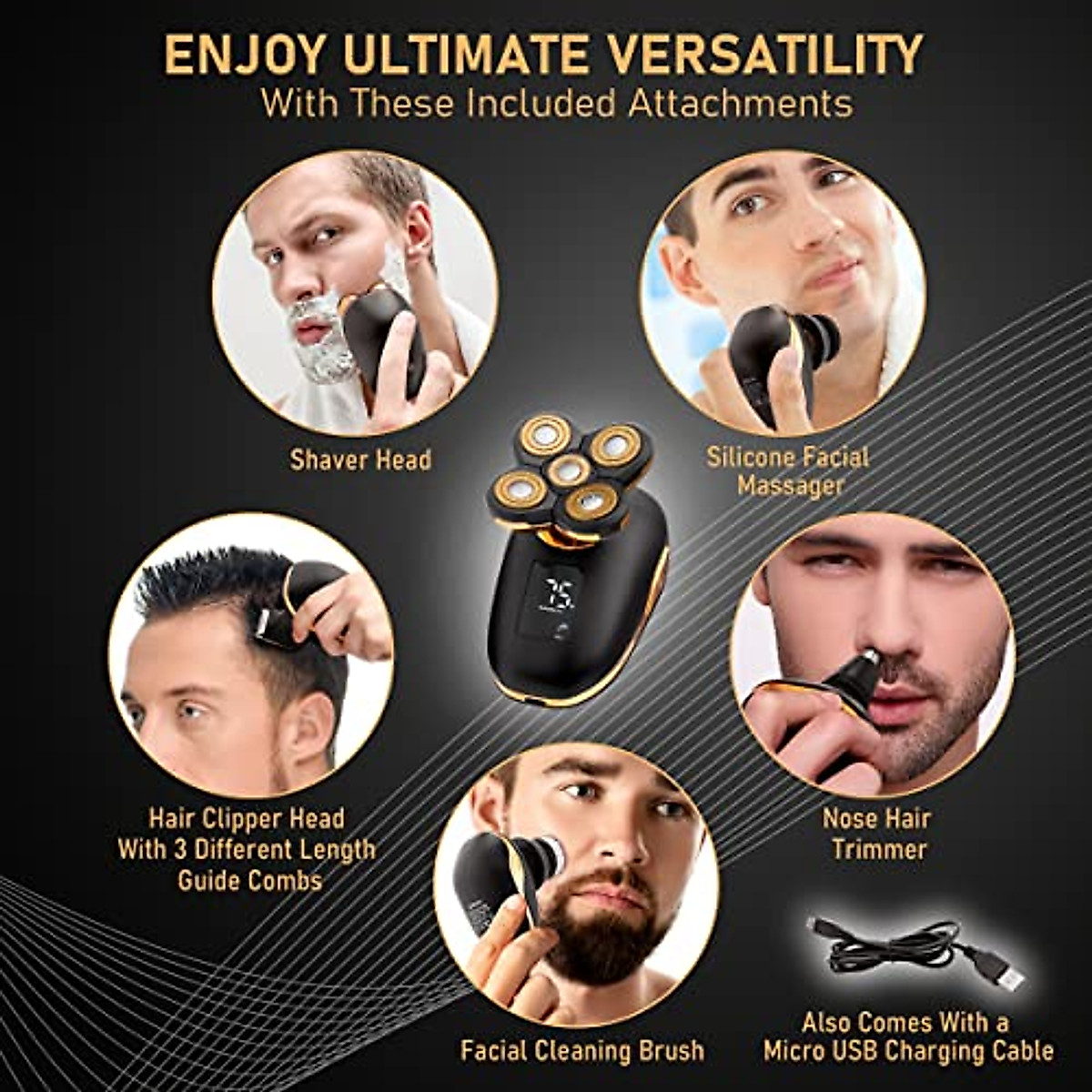 5 in 1 Electric Razor for Men and Women, USB Rechargeable and Waterproof Cordless Trimmer, Includes Rotating Bald Head Shaver, Nose Hair Trimmer, Beard Shaper, Silicone Brush, and Cleansing Brush