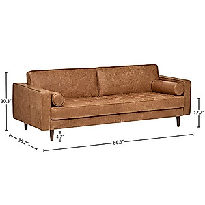 Amazon Brand – Rivet Aiden Mid-Century Modern Leather Sofa Couch, 86.6"W, Cognac