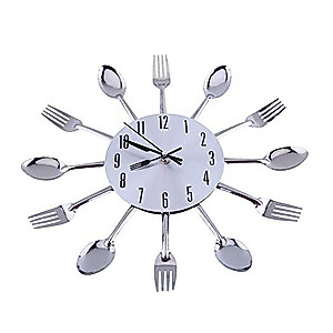 TOPINCN 12.4in Knife and Fork Style Wall Clock, Modern Unique Mirror Surface Silver Cutlery Spoon Fork Wall Clock for Home Kitchen Restaurant Cafe Bar Commercial