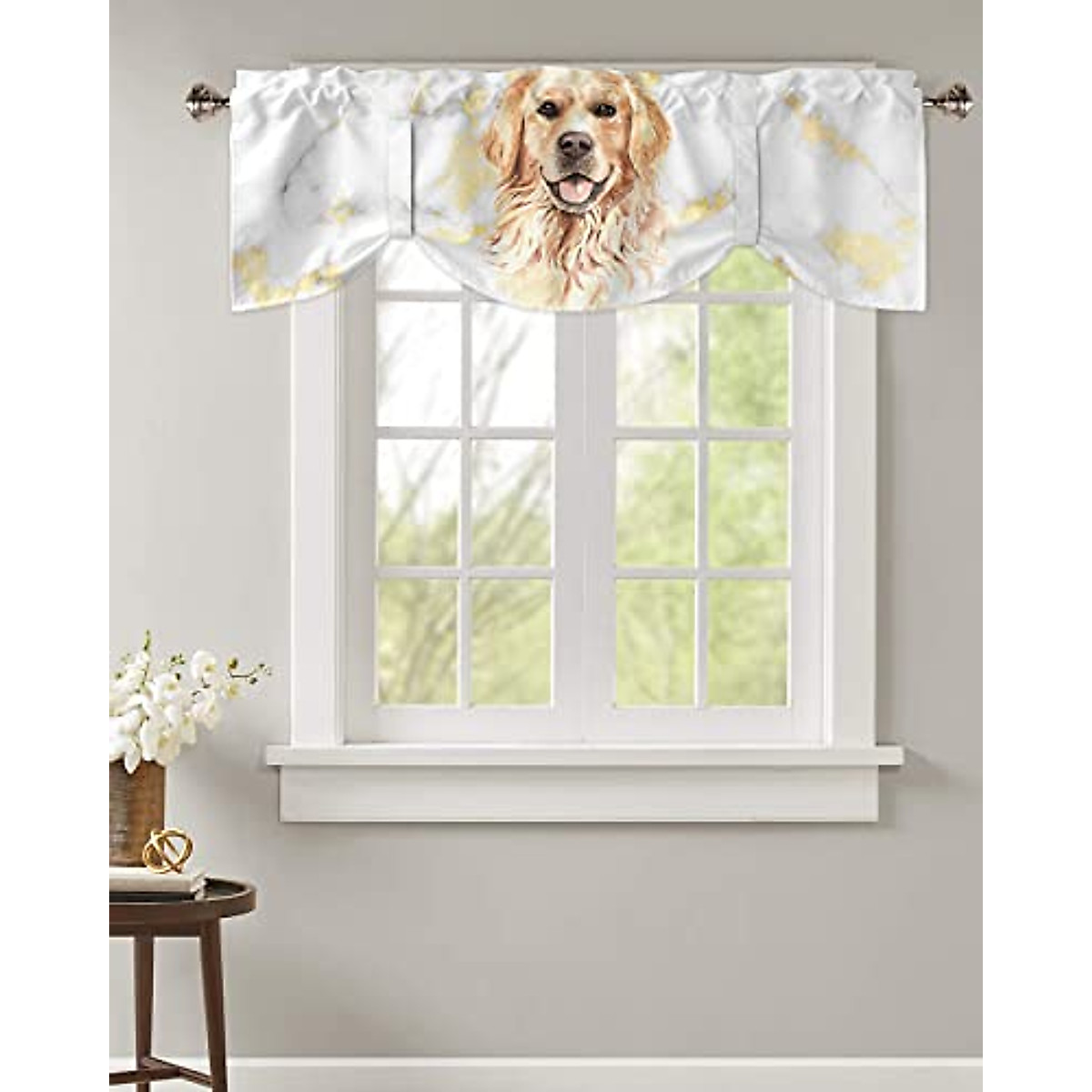 Tie Up Curtain Valance Window Topper 1 Panel 42x18in,Farm Cute Dog Gold White Marble Adjustable Rod Pocket Short Window Shade Valances for Kitchen Bedroom Windows,Modern Abstract Wild Symbol Stone