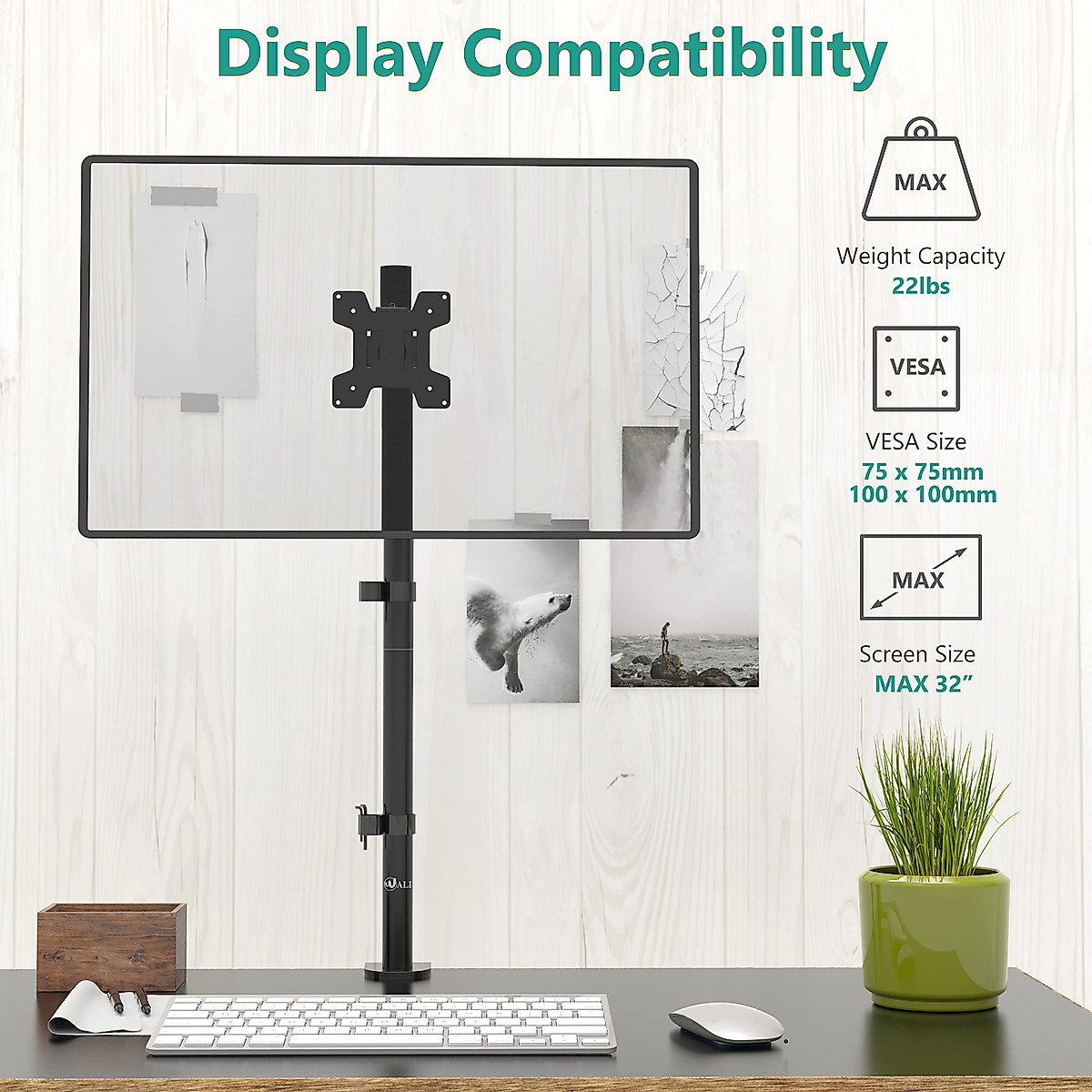 WALI Monitor Arm Mount for Desk, Single Extra Tall Computer Desk Mount, Monitor Bracket Mount Stand Single, up to 32 inch, 22 lbs (M001XL), Black