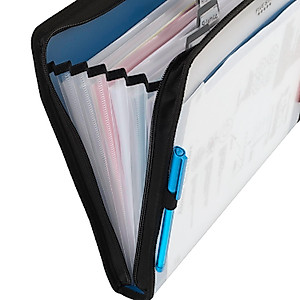 Five Star 7 Pocket Expanding File Organizer + Study App, Plastic Expandable File Folders with Customizable Tabs & Clear Cover, Holds 11" x 8-1/2", Zipper Closure, Pacific Blue (72711)