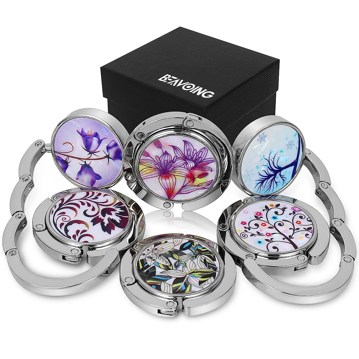 BEAVOING Purse Hanger, Foldable Purse Hook Set of 6 Mixed Pattern Purse Table Hanger Womens Bag Purse Holder for Desk Tables