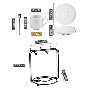 LYEOBOH Espresso Cups with Saucers Set, 3 Ounces Coffee Cups with Metal Stand and Spoons, Ceramic Cappuccino Coffee Cups Demitasse Cups for Espresso, Latte, Cafe Mocha and Tea, Set of 6, White