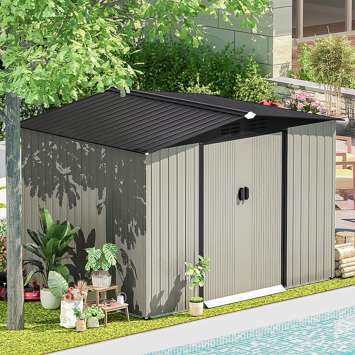 AECOJOY 8 x 6 Ft Shed, Outdoor Storage Tool Shed (Sliding Door), Metal Garden Shed for Yard, Outdoor Storage Clearance in Grey