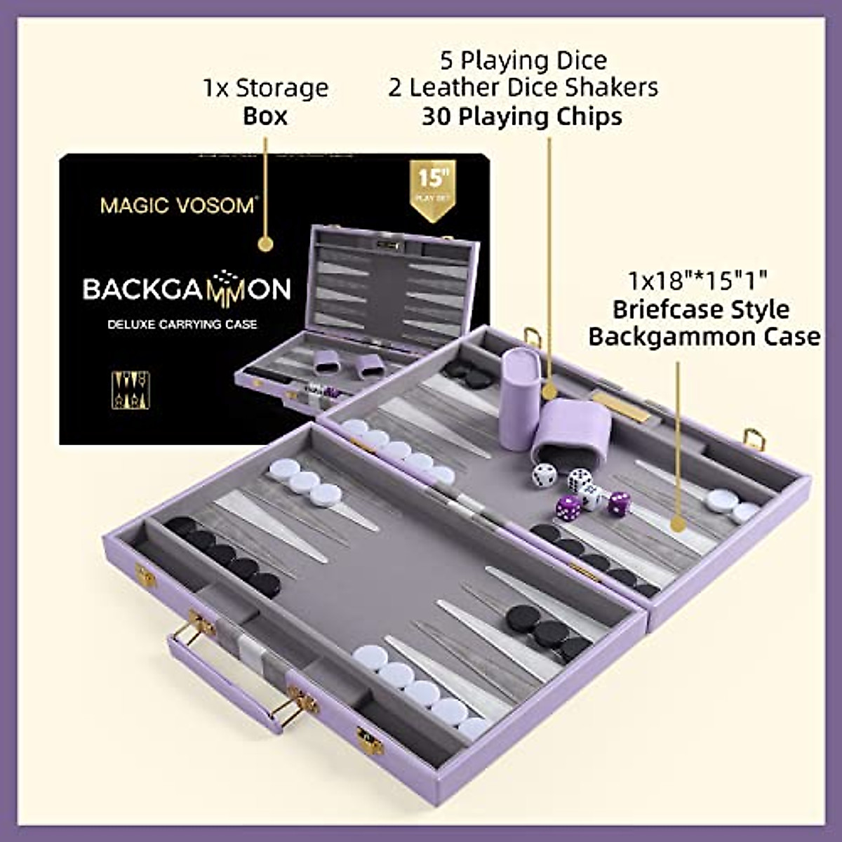 Magic Vosom Travel Medium 15 Inch Backgammon Set Classic Board Game Travel with Leather Make Board Gift Package, Portable Travel Strategy Backgammon Game Set for Adults, Kids (Purple, Medium)