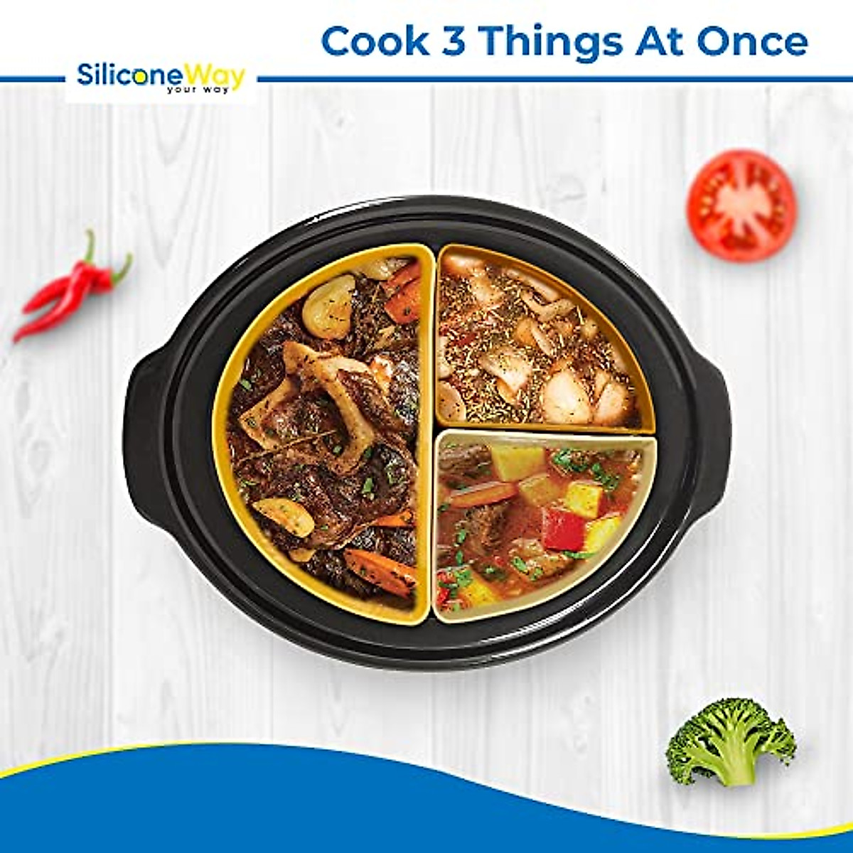 SiliconeWay 6PCS Slow Cooker Liners Set of 3 for Slow Cooker 6-8 QT – Triple Slow Cooker Divider Includes Silicone Gloves, Spoon – BPA Free Durable Silicone Divider Insert – CrockPot & Non-Stick