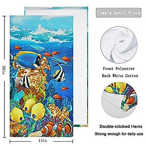Naanle 2 Pcs Beautiful Underwater Ocean Coral Reef Fishes Soft Fluffy Guest Decor Hand Towels, Multipurpose for Bathroom, Hotel, Gym and Spa (14" x 28")