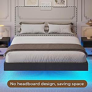 ADORNEVE Floating Bed Frame Full Size, LED Bed Frame Linen Upholstered Platform Bed with Underbed Storage Space, Heavy Steel Slats Support, No Box Spring Needed, Noise Free，Dark Grey