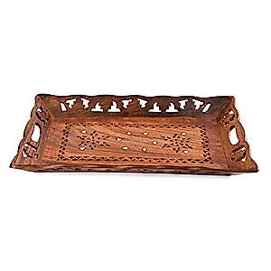 Rusticity® Indian Sheesham Wood Antique Designer Butler Serving Tray for Hot & Cold Drinks/Vintage Rustic Decorative Handmade Sheesham Food Platter for Dining Tableware & Kitchen Accessory (15 x 10)