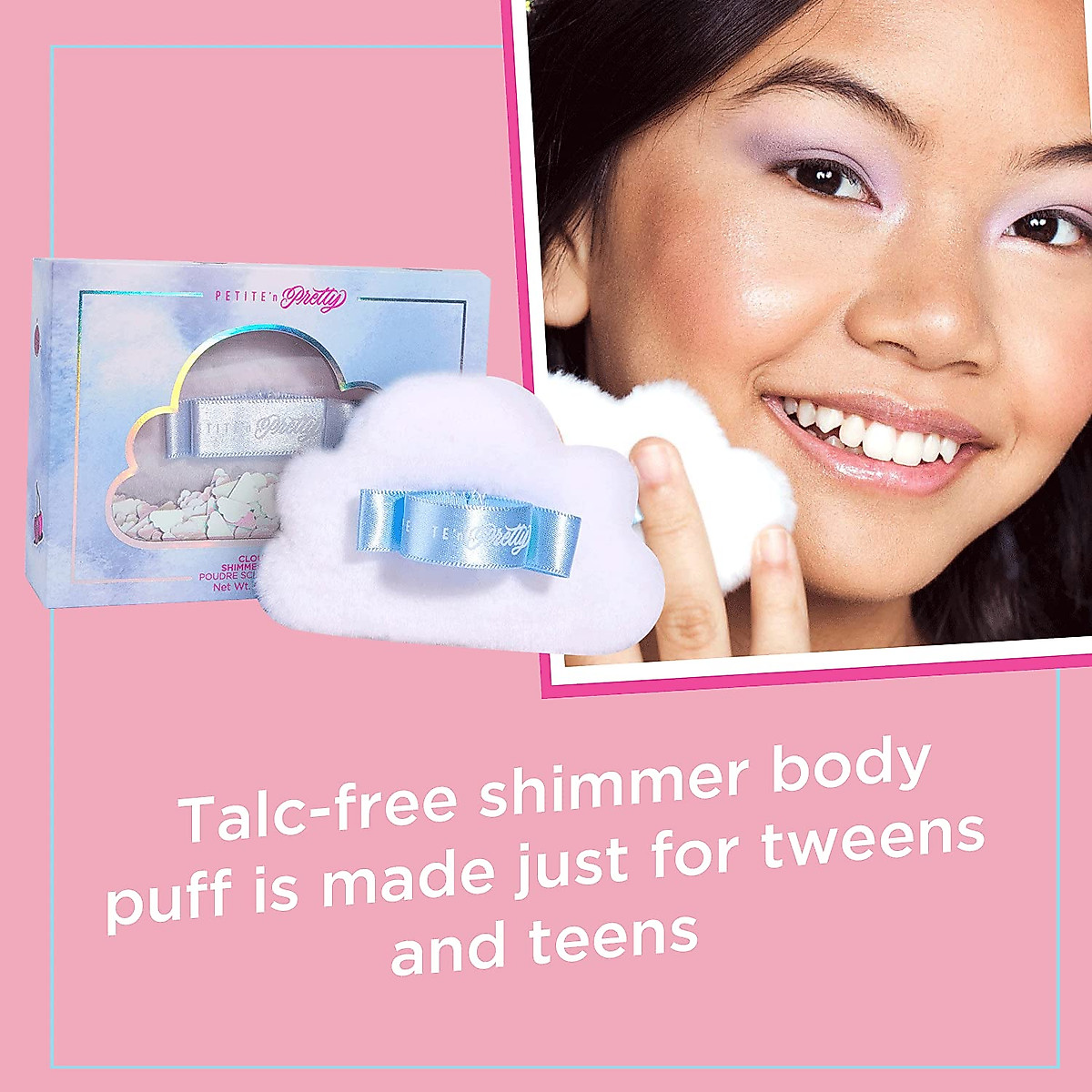 Petite 'n Pretty Cloud Fluff, Shimmer Body Puff - Body Makeup for Kids, Tweens, Teens - Lightly Scented Body Shimmer, Pink Body Glitter