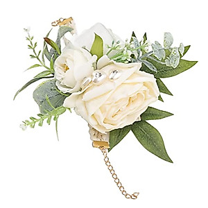 Wrist Corsage Wristlet Band Bracelet for Wedding Bride Wrist Flower Artificial Flower Decorative White Roses and Green Leaves for Wedding Party